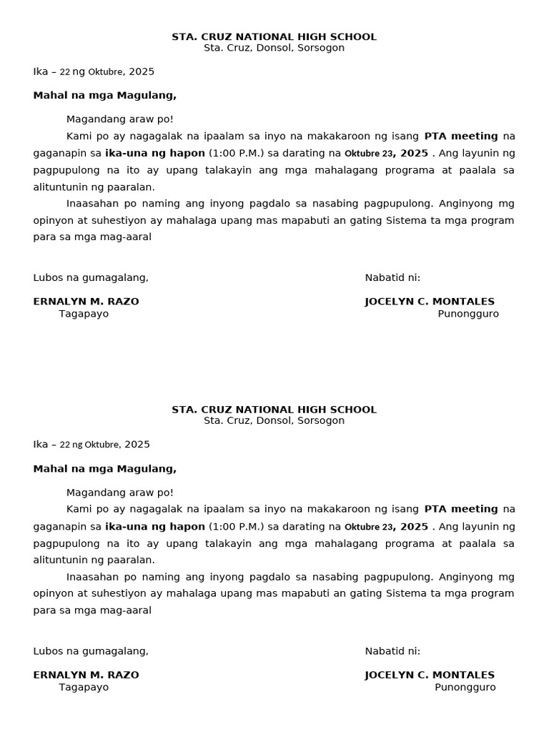 Pta Meeting Letter | PDF