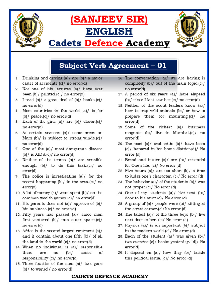 Subject-Verb Agreement Exercises | PDF