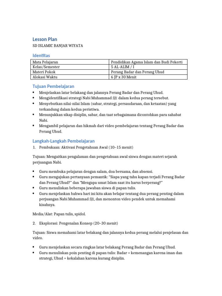 Lesson Plan PAI Kelas 5 Al-Alim - Perang Badar Dan Uhud | PDF