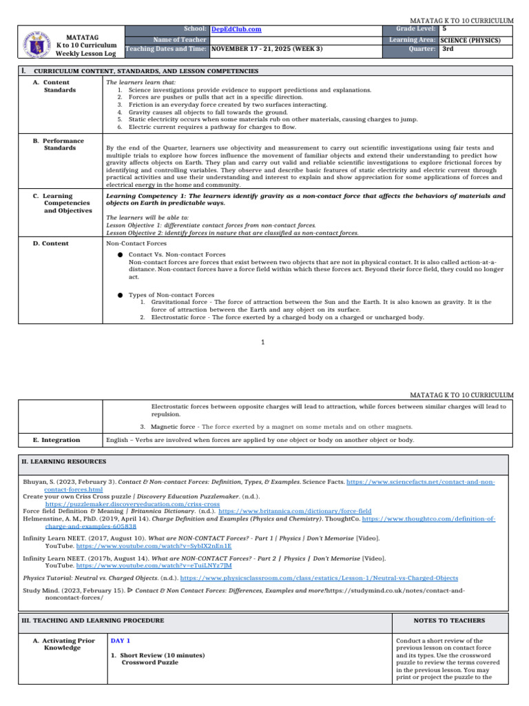 Non-Contact Forces Lesson Plan | PDF | Force | Friction