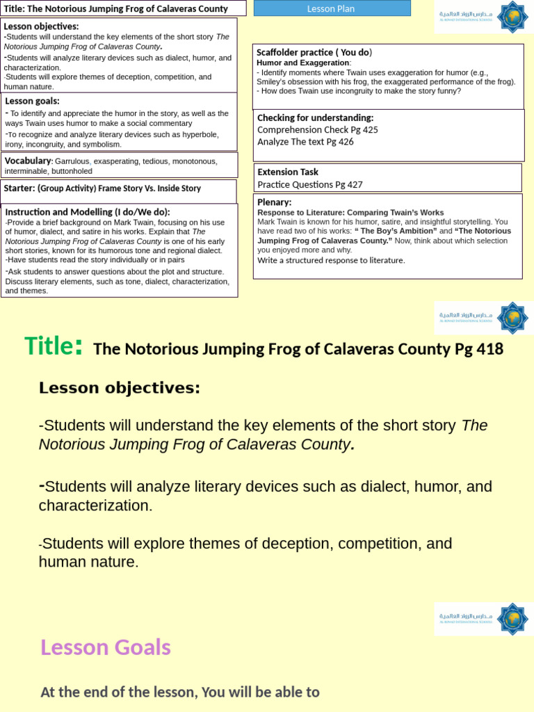 LESSON PLAN PPT The Notorious Jumping Frof of Calaveras County | PDF ...