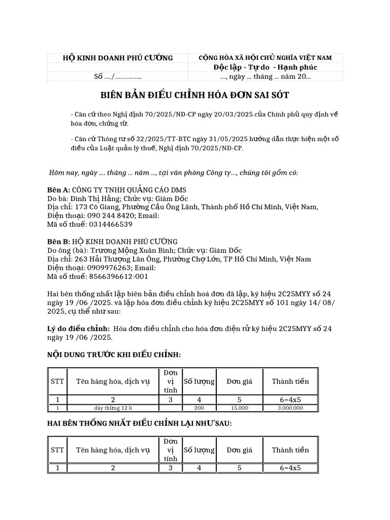 Bien Ban Dieu Chinh Hoa Don 892025 | PDF