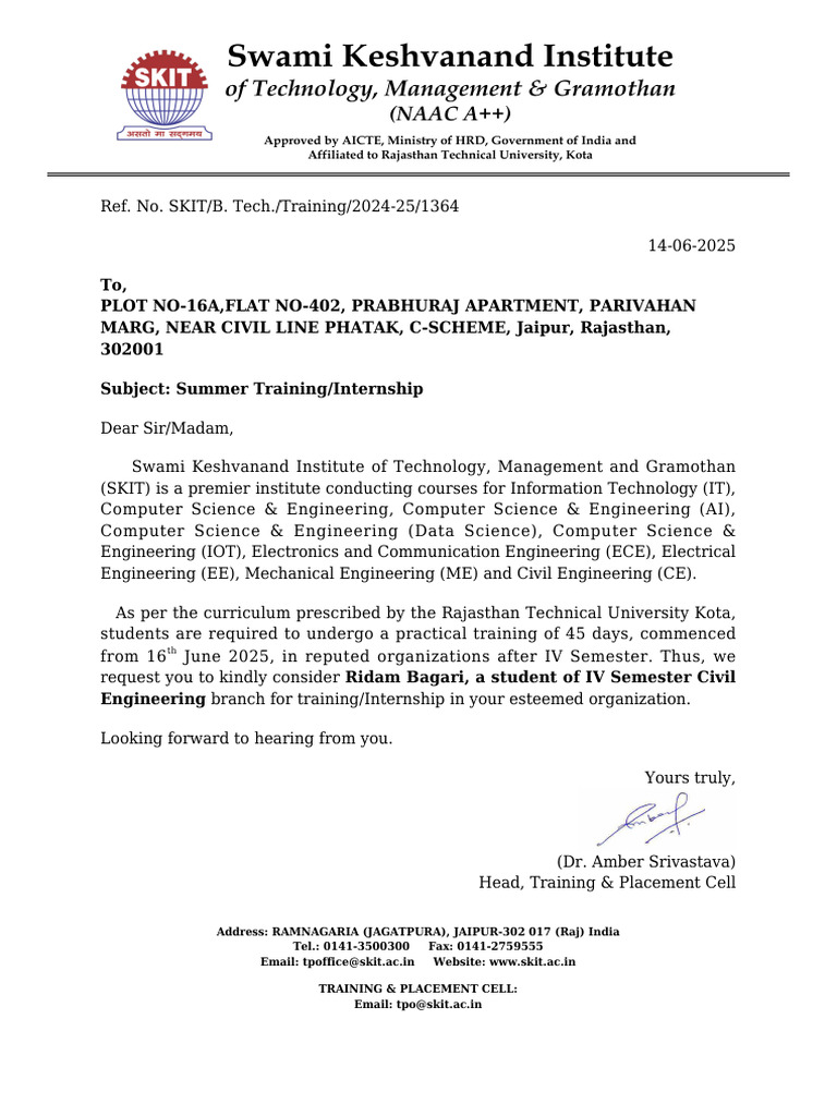 Summer Internship Request for Civil Engineering | PDF