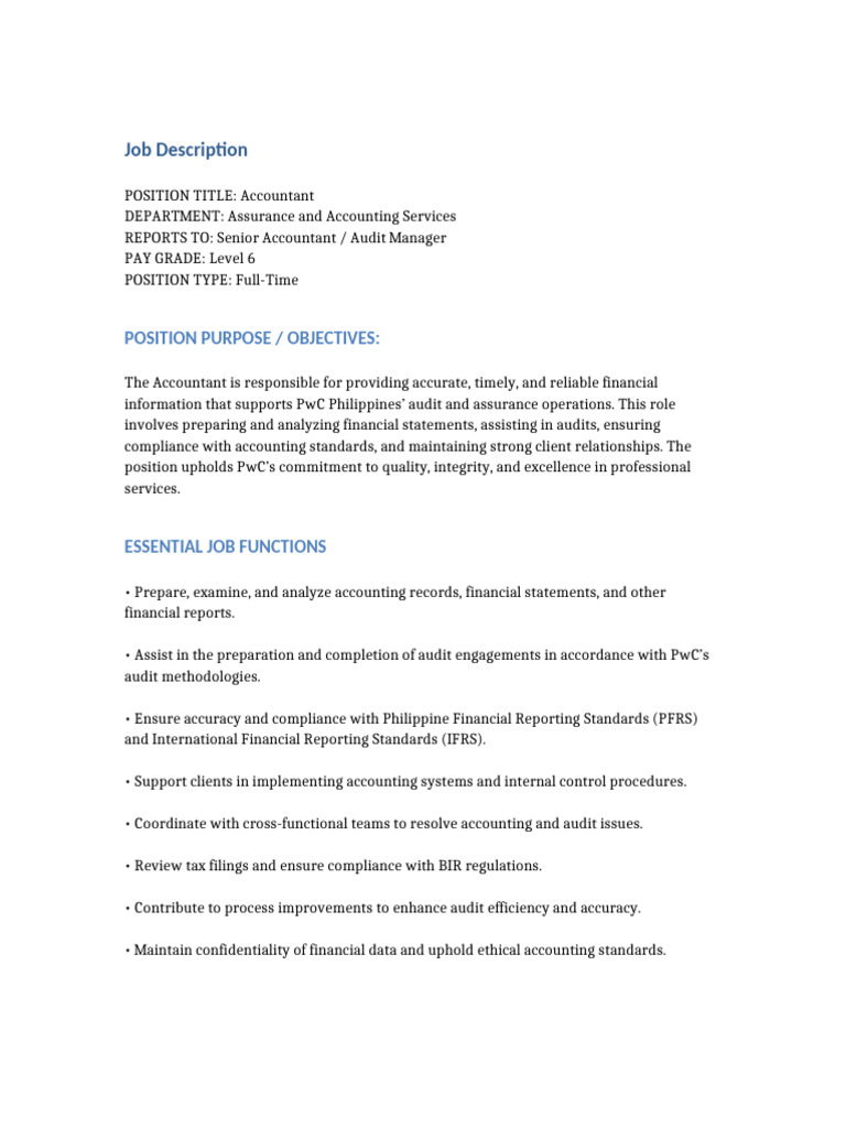 Job Description Accountant PWC | PDF | Accounting | Audit