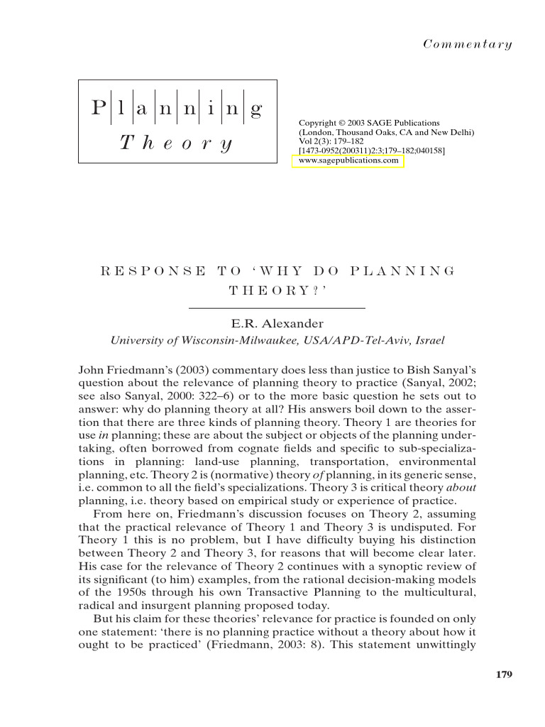 B. Response To Why Do Planning Theory' - E.R. Alexander | PDF ...