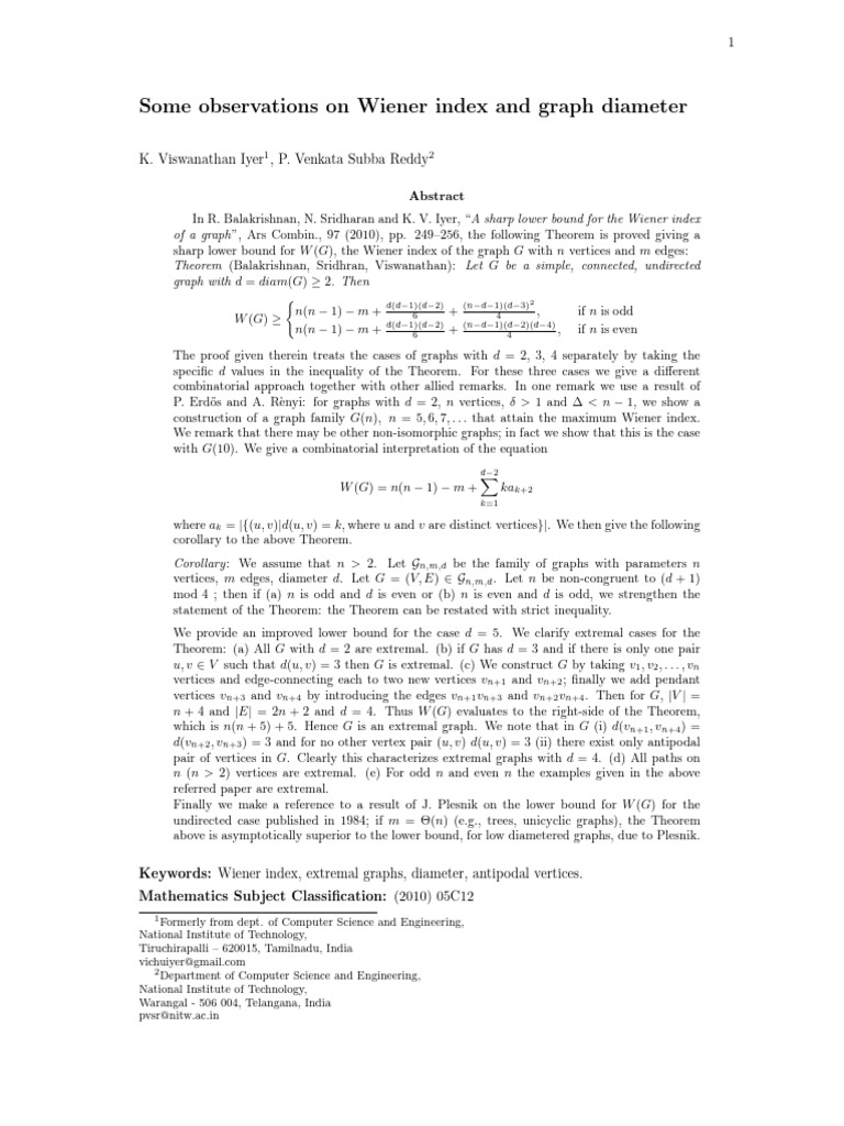 Wiener Index and Graph Diameter Insights | PDF | Vertex (Graph Theory ...