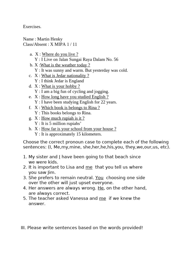 English Exercises and Pronoun Practice | PDF