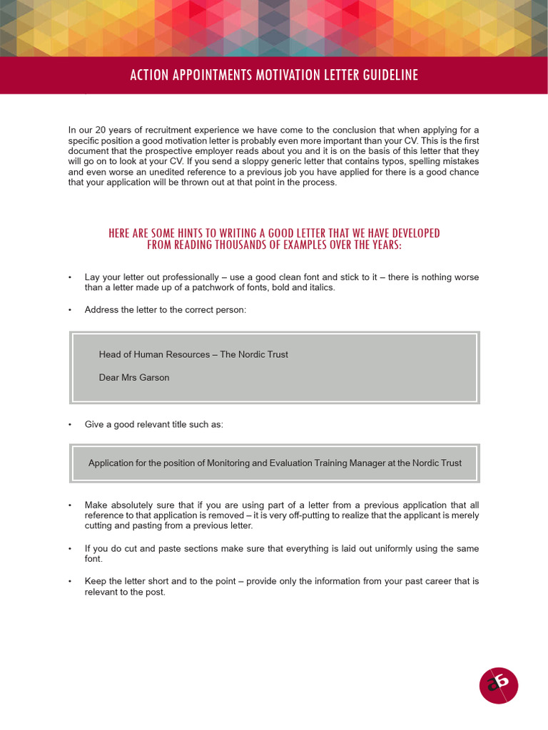 Action Appointments Motivation Letter Guideline | PDF