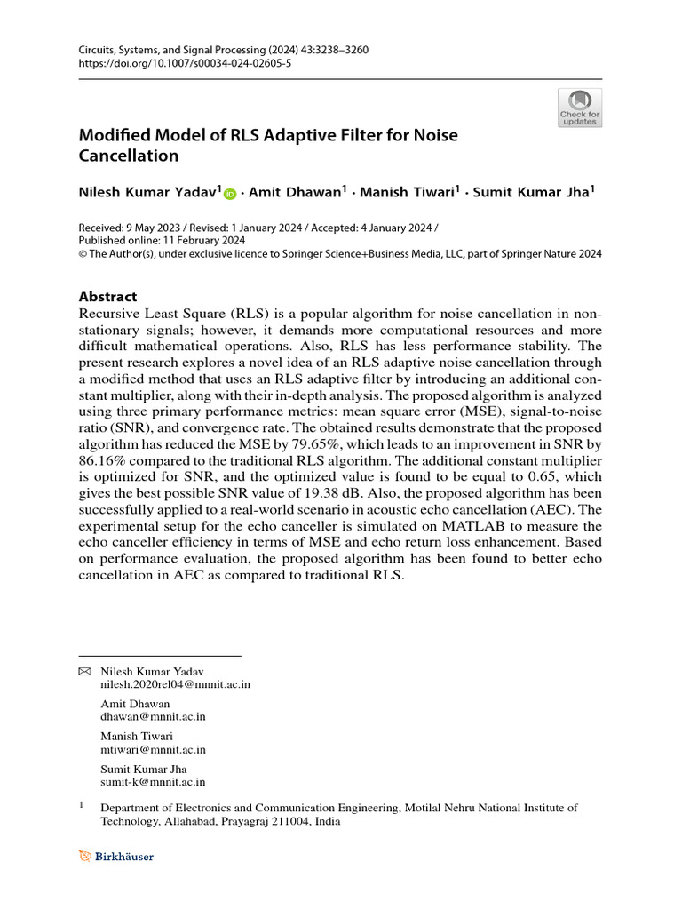 Modified Model of RLS Adaptive Filter For Noise Cancellation | PDF ...