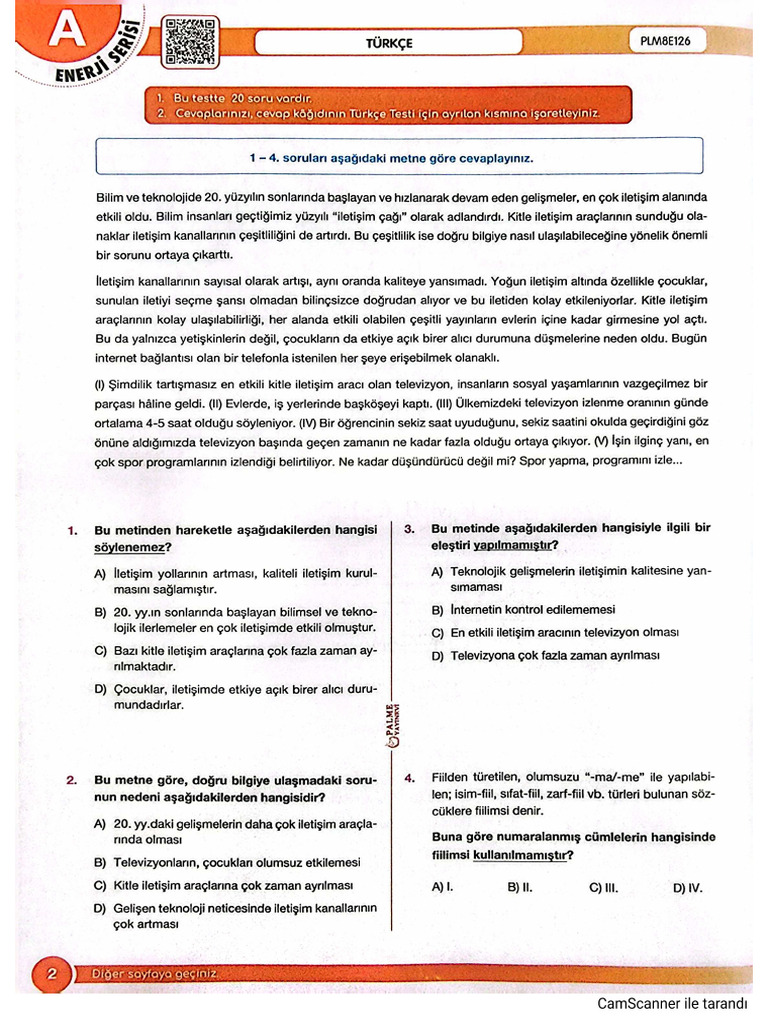 Palme Enerji 25-26 1. Deneme Sözel | PDF