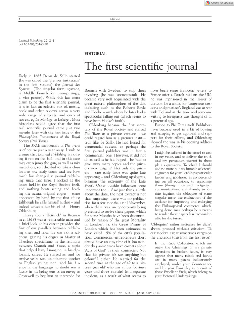 Learned Publishing - 2014 - SINGLETON - The First Scientific Journal | PDF