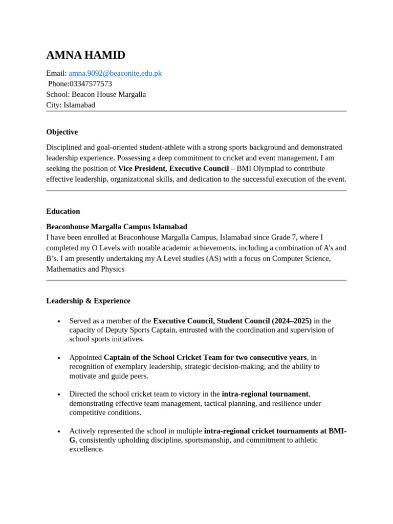 Amna Hamid: Student-Athlete Leader | PDF