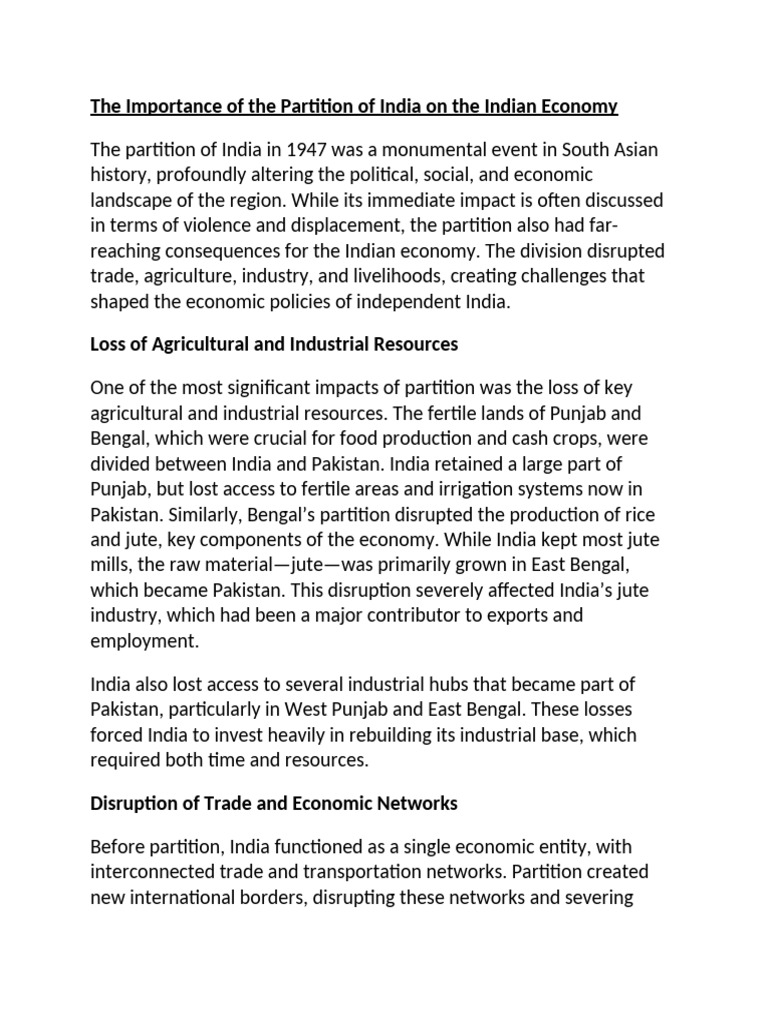 Economic Impact of India's Partition | PDF | Agriculture | Partition Of ...