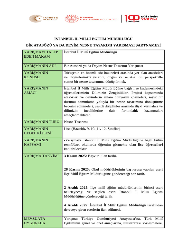 Bir Atasozu Ya Da Deyim Nesne Tasarimi Yarismasi Sartnamesi - Lise | PDF