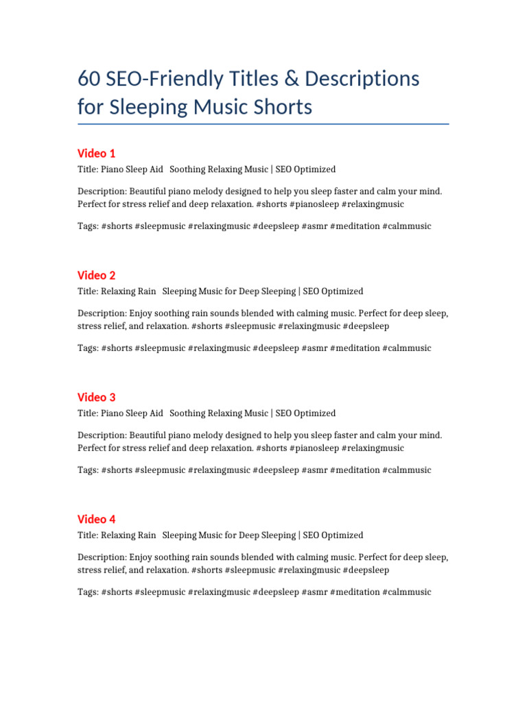 Sleeping Music Shorts Titles Descriptions | PDF | Relaxation ...