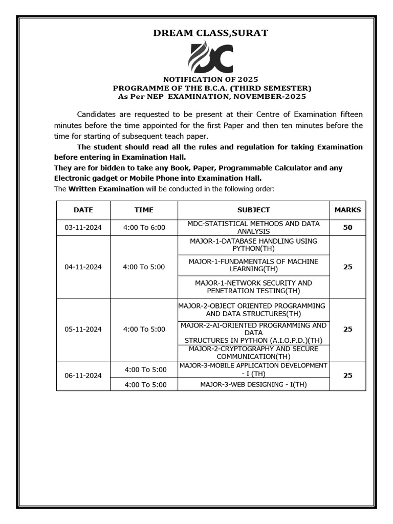 SYBCA Sem-3 Exam Timetable (2025) | PDF