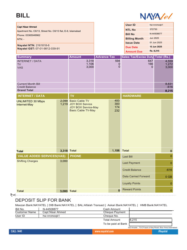 Deposit Slip For Bank: Amount Advance Tax Sales Tax/Excise Duty Total ...