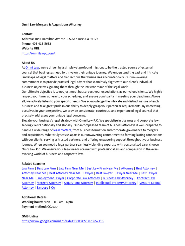 San Jose M&A Attorney at Omni Law | PDF | Lawyer | Mergers And Acquisitions