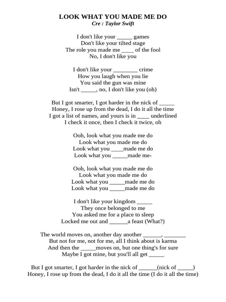 Taylor Swift's "Look What You Made Me Do" Lyrics | PDF | Song ...