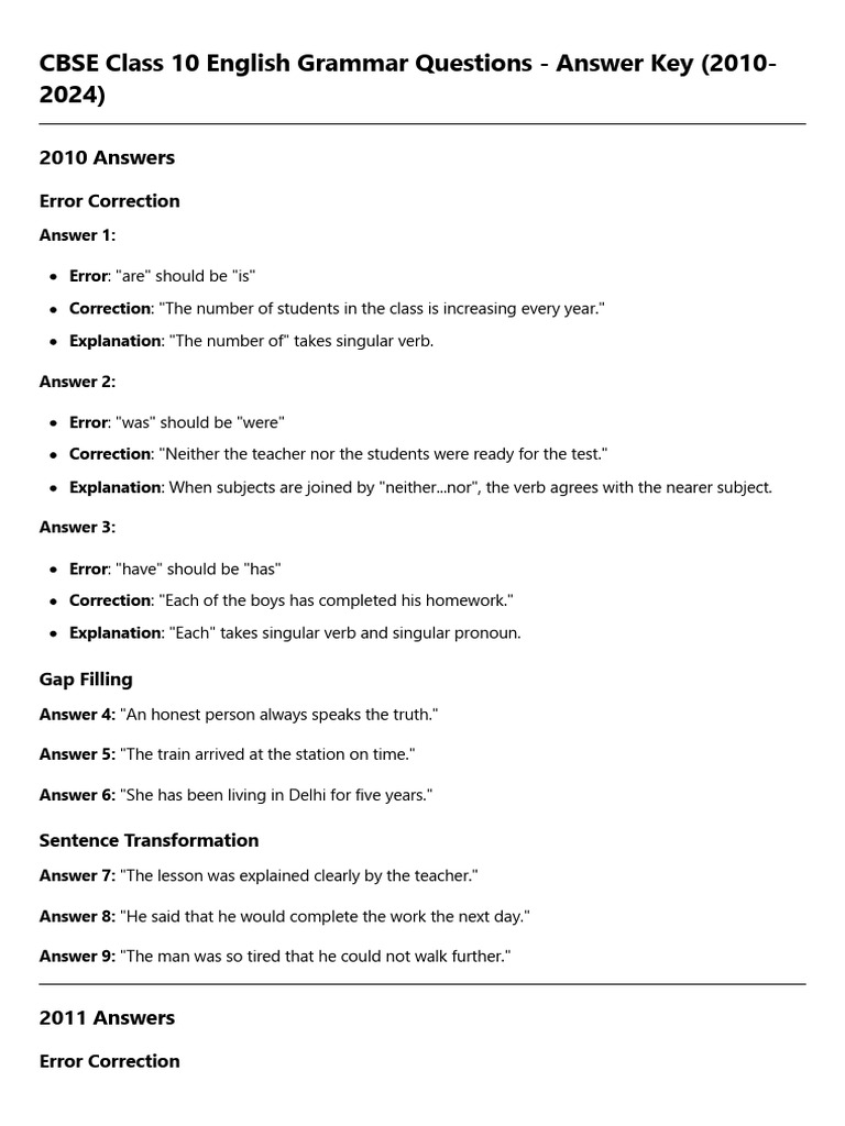 CBSE Class 10 English Grammar Questions - Answer Key | PDF | Verb ...