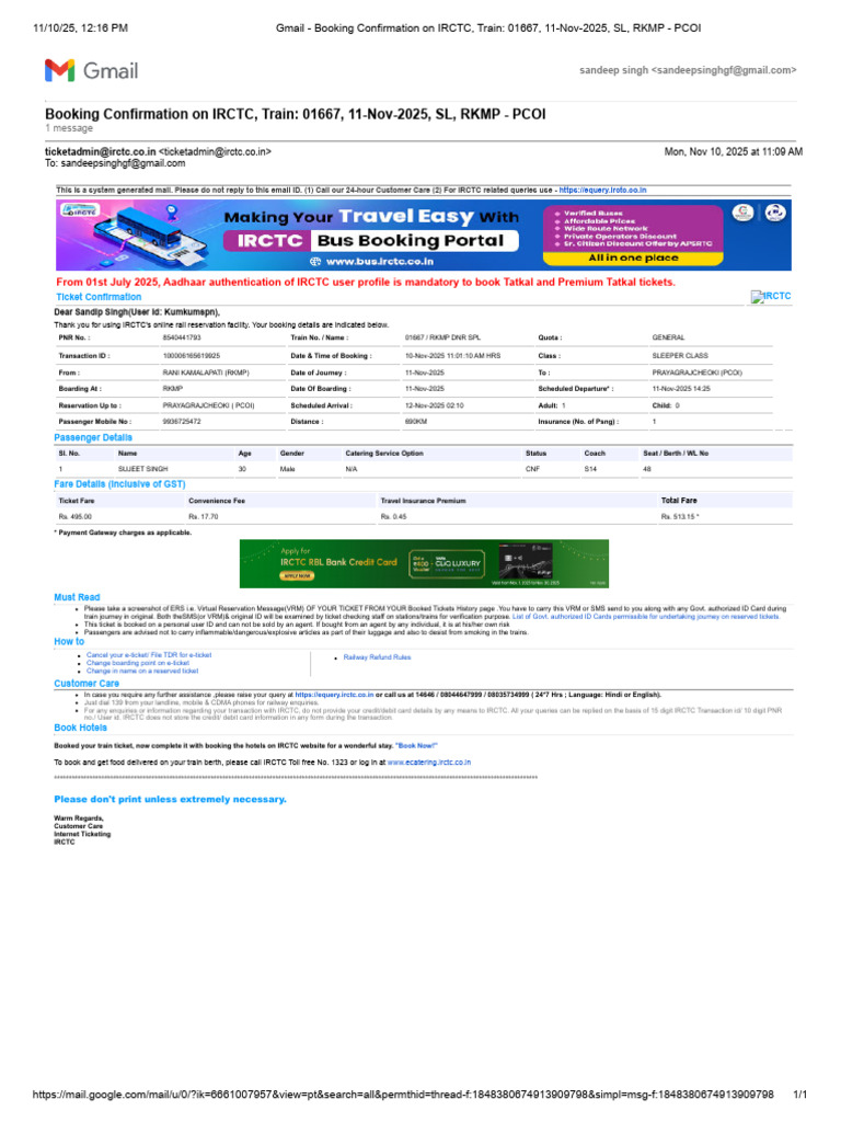 Gmail - Booking Confirmation On IRCTC, Train - 01667, 11-Nov-2025, SL ...