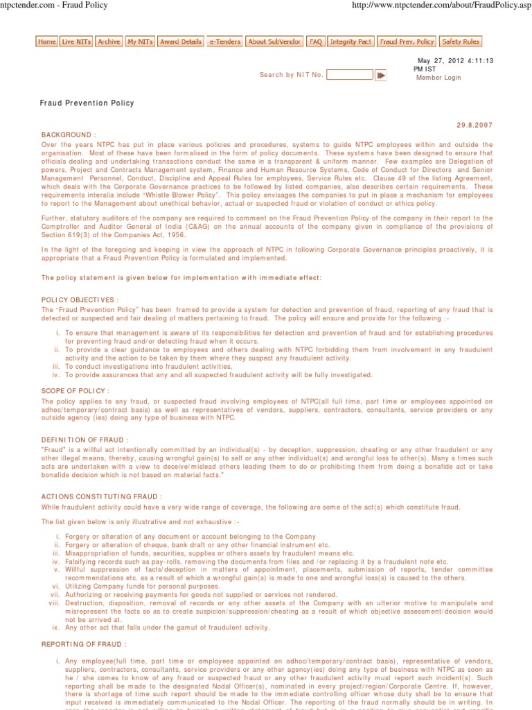 NTPC Fraud Prevention Policy | PDF | Fraud | Policy