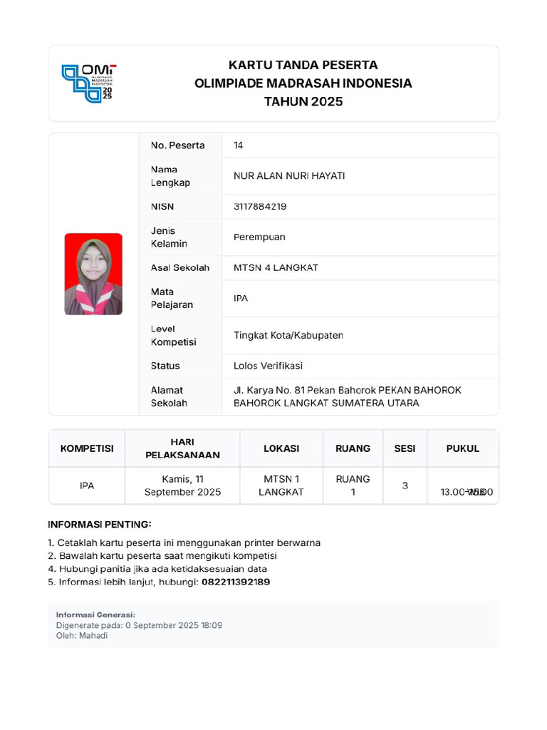 Kartu Peserta Nur Alan Nuri Hayati 2025-09-07 | PDF