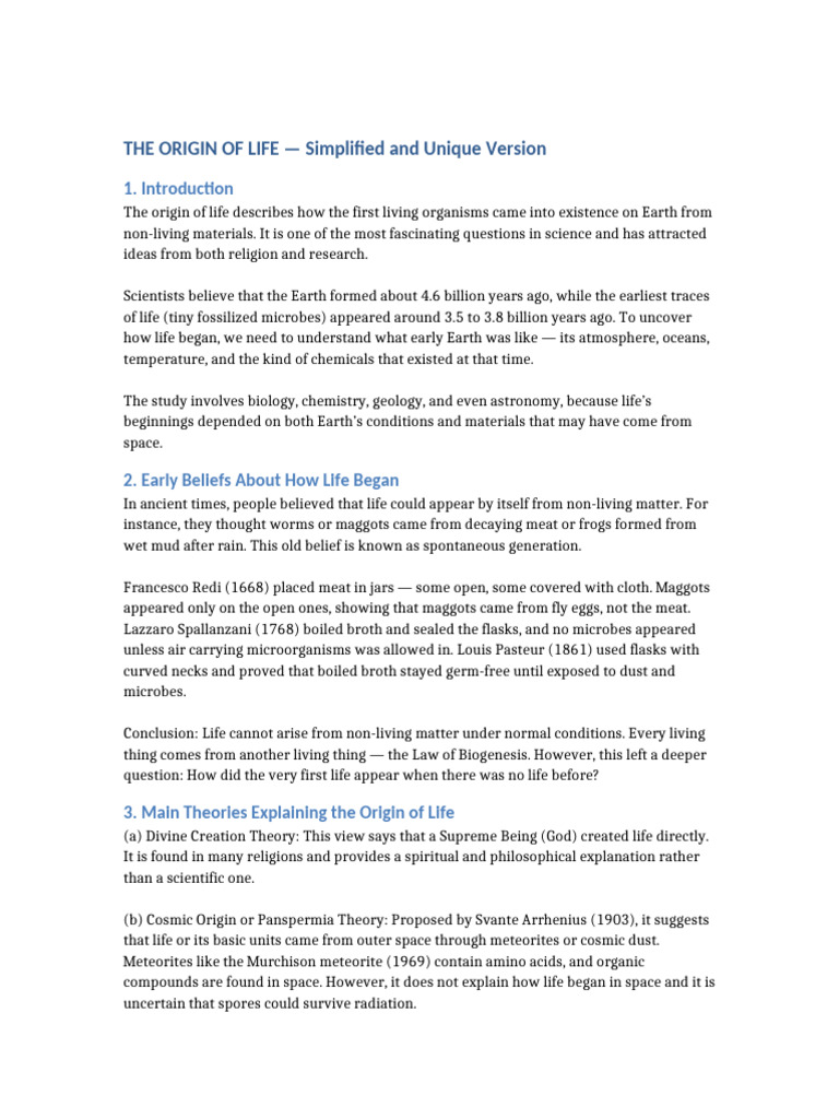 Origin of Life Unique 4page Note | PDF | Abiogenesis | Physical Sciences