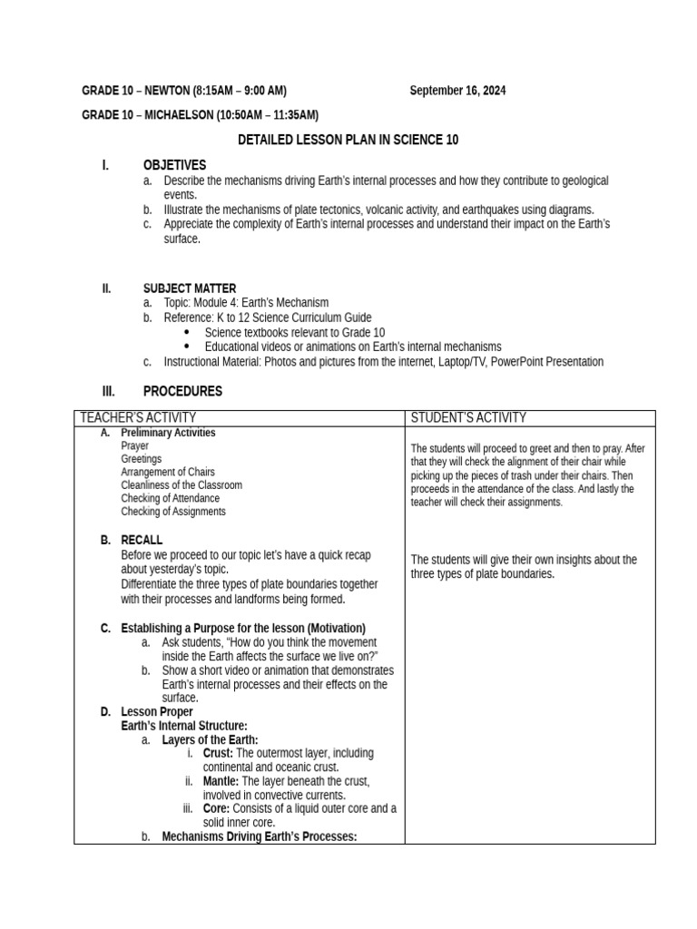 Detailed Lesson Plan in Earth's Mechanism | PDF | Earth Sciences ...