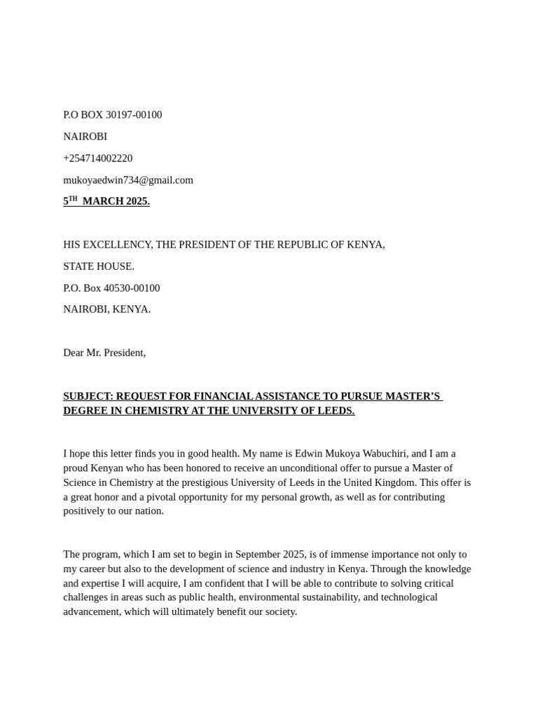 Request Letter To His Excellency, The President of The Republic of ...