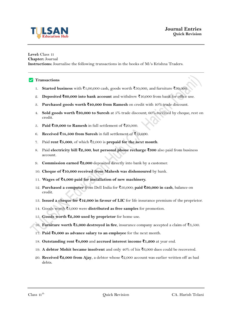 Journal Entries for Class 11 Revision | PDF | Payments | Cheque