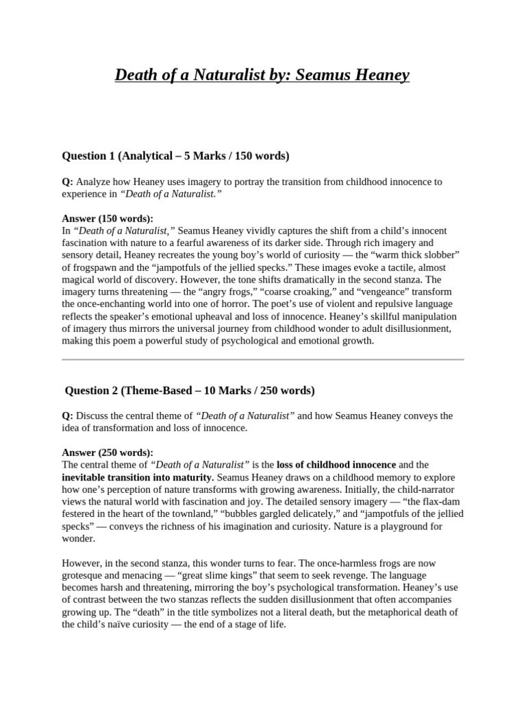 Loss of Innocence in Heaney's Poem | PDF | Psychology | Behavioural ...
