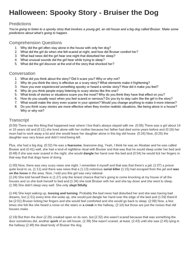 Halloween Spooky Story Bruiser The Dog Student Handout | PDF | Phobia ...