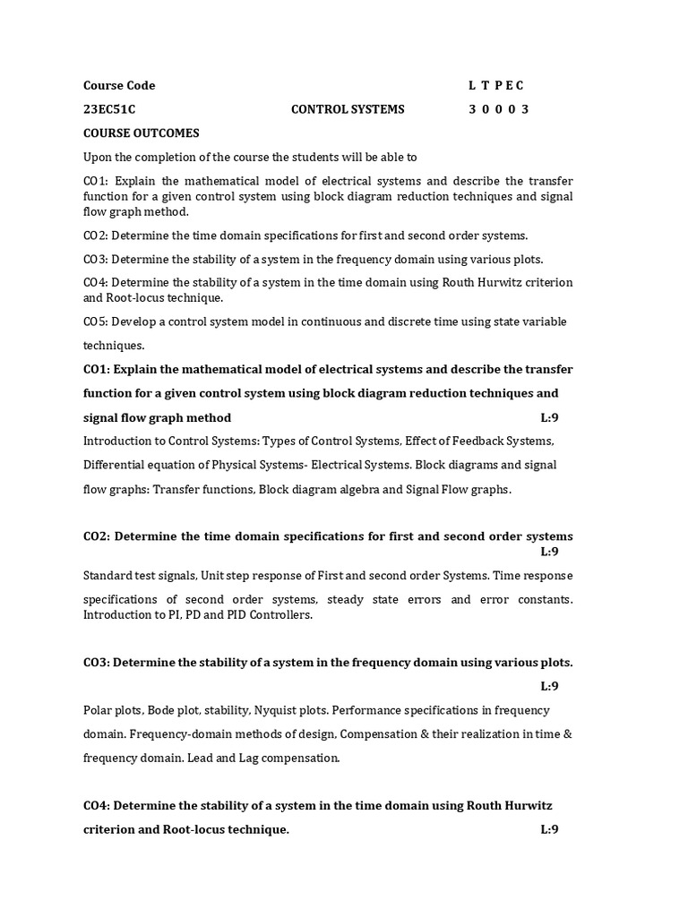 Syllabus - Control Systems | PDF | Control Theory | Stability Theory