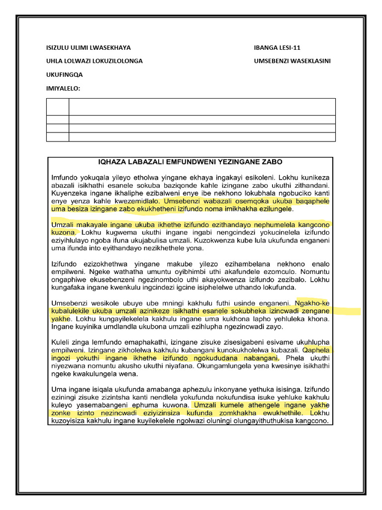 Isizulu Ulimi Lwasekhaya Ibanga Lesi | PDF