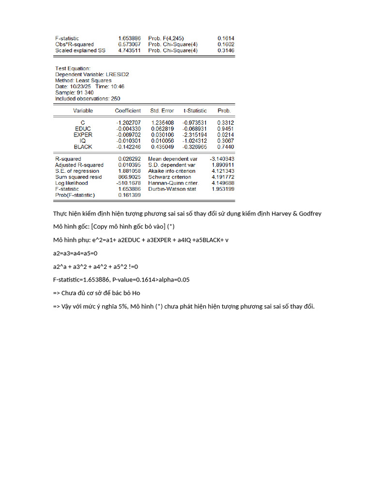 Thực Hiện Kiểm Định Hiện Tượng Phương Sai Sai Số Thay Đổi Sử Dụng Kiểm Định Harvey | PDF