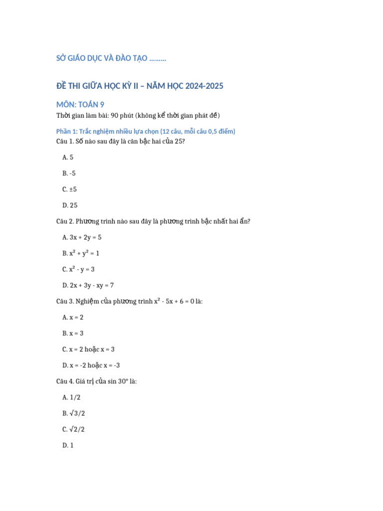 De Thi Toan9 GK2 | PDF