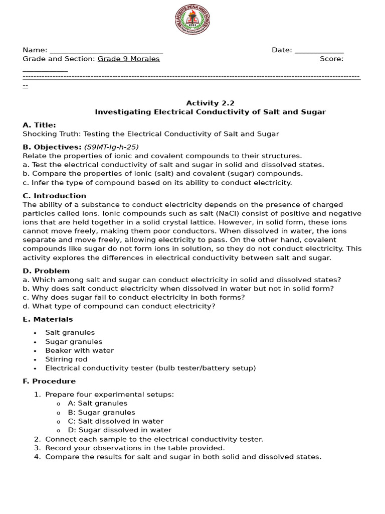 Electrical Conductivity: Salt vs. Sugar | PDF | Salt (Chemistry ...