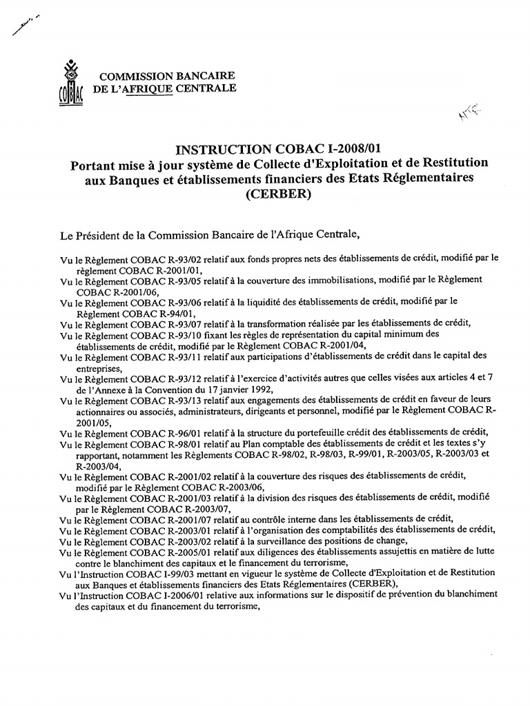 Instruction COBAC I-2008-01 Mise À Jour Du CERBER | PDF