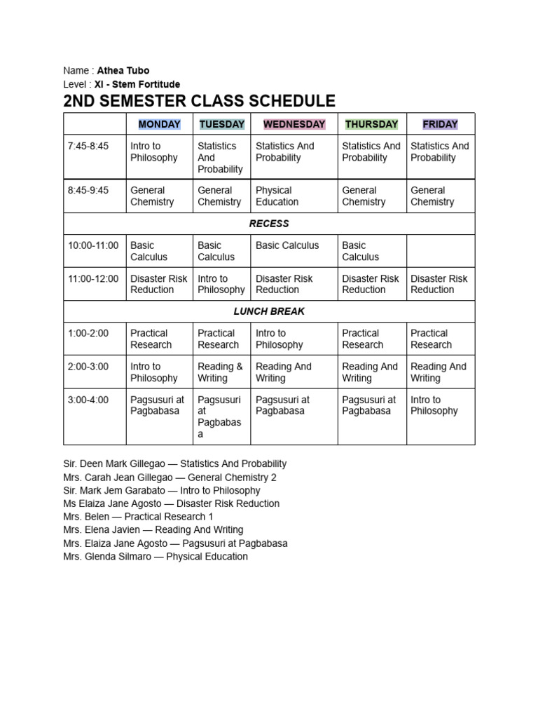 2nd Semester Class Schedule for Athea Tubo | PDF