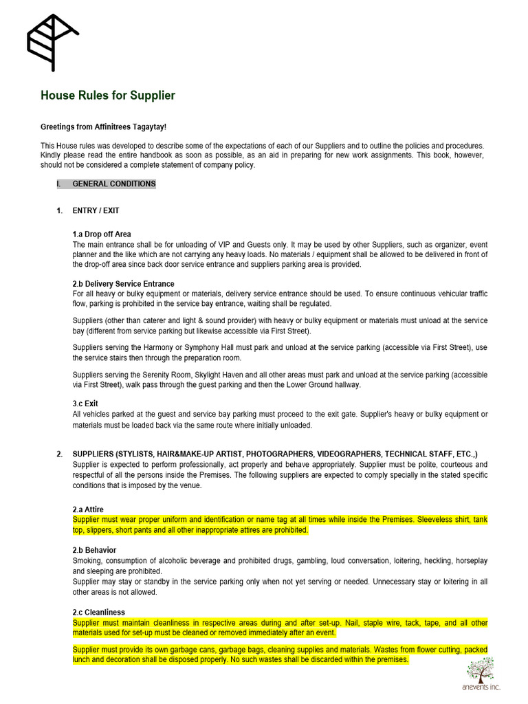 Supplier House Rules for Affinitrees | PDF | Adhesive | Indemnity