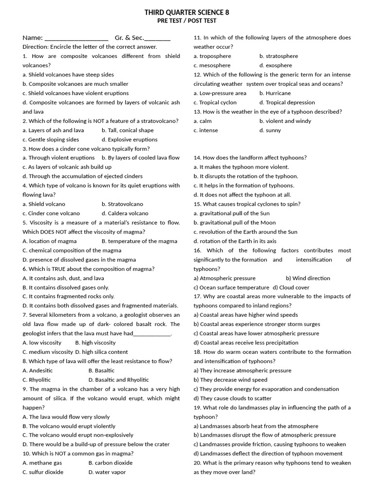 Science8 Pretestpost | PDF | Volcano | Crust (Geology)