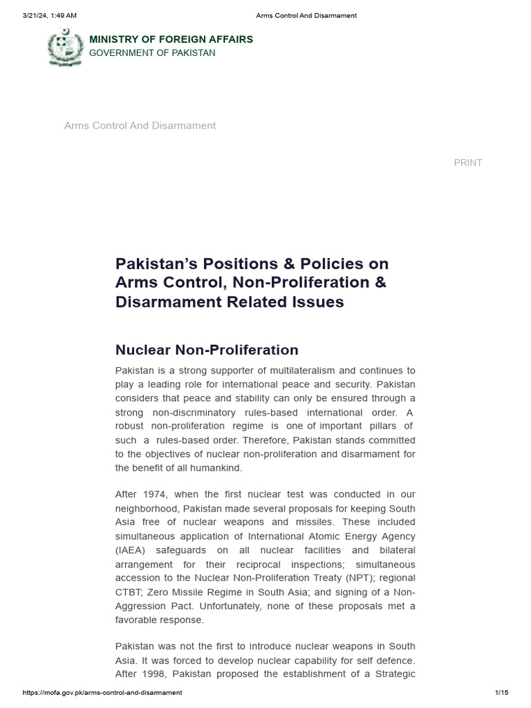 Pakistan's Arms Control Policies Explained | PDF | Nuclear ...