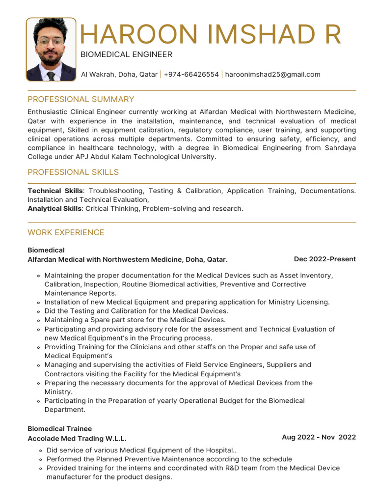 Biomedical Engineer Profile: Haroon Imshad | PDF | Medical Device ...