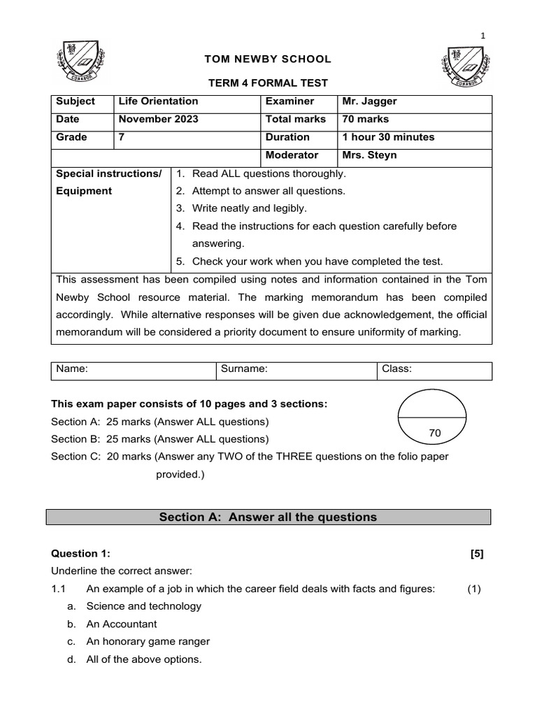 Grade 7 Life Orientation Test November | PDF | Epilepsy