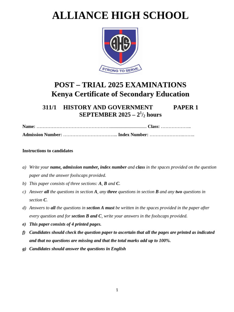 History Pp1 Post Mock Kcse 2025 Questions | PDF