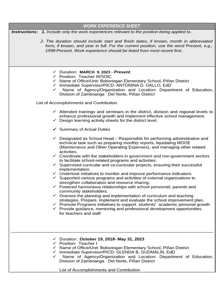 JOY Final Work Experience Sheet CS Form No. 212 Final | PDF | Teachers | Curriculum