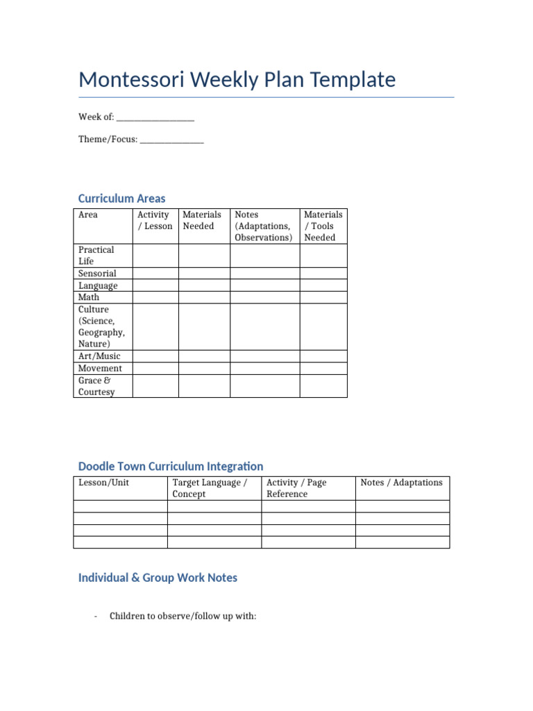 Montessori Weekly Planning Template | PDF