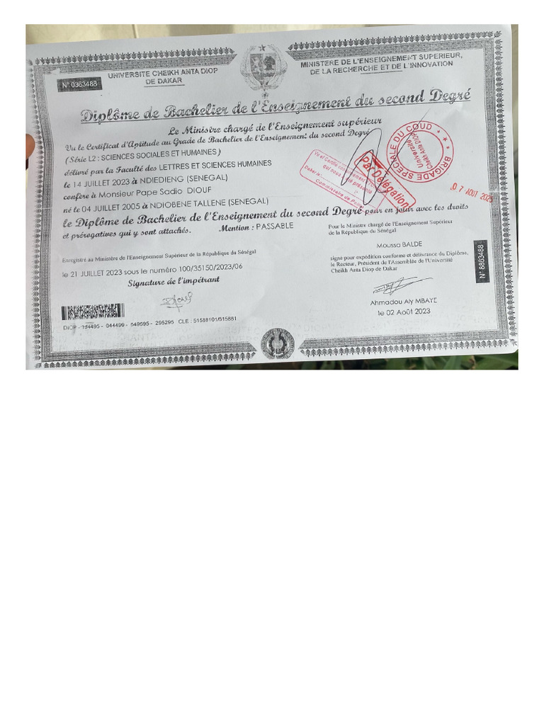 Diplome BAC Pape Sadio Diouf | PDF