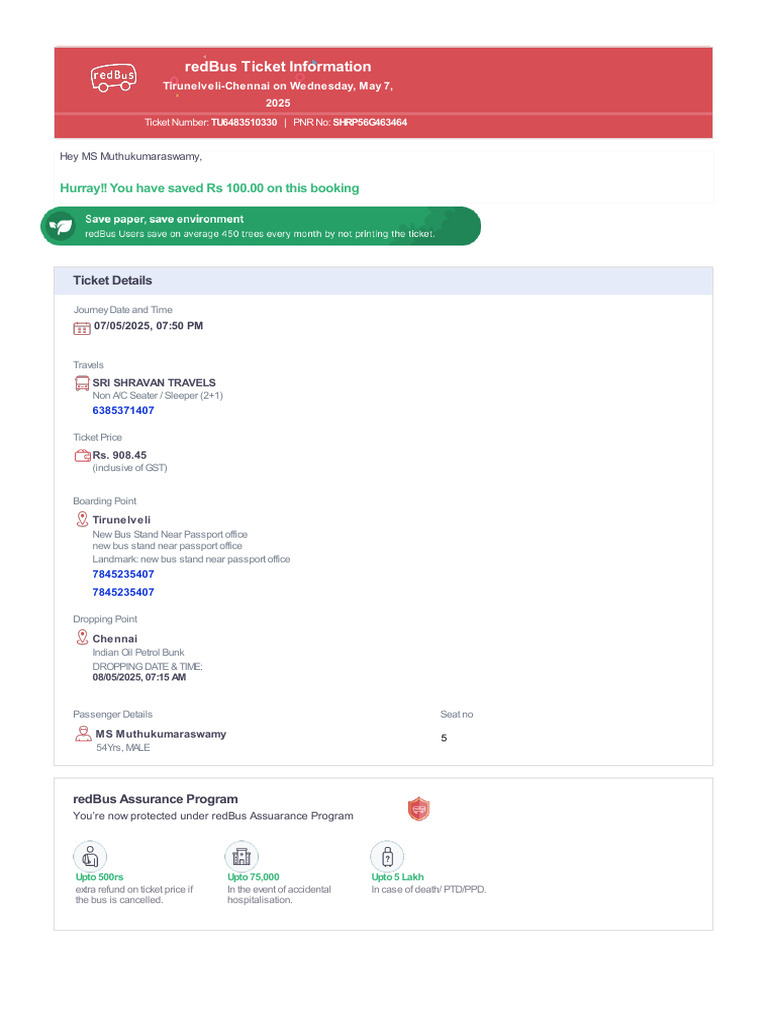 Redbus Ticket Information: Hurray!! You Have Saved Rs 100.00 On This ...